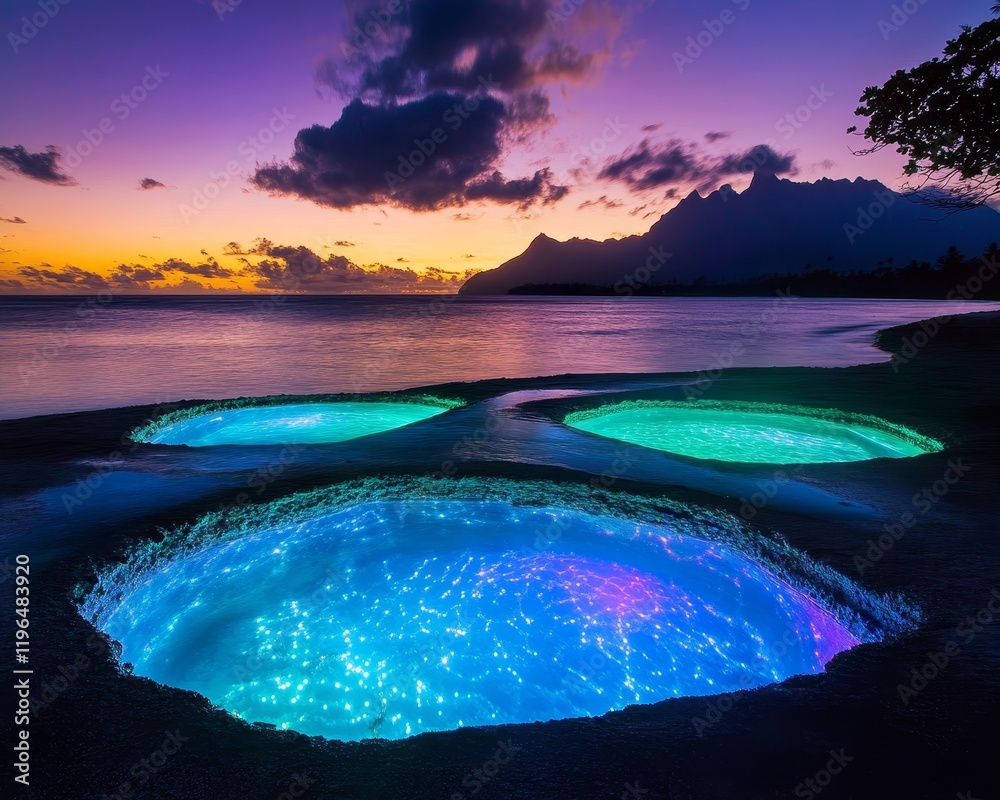 Vibrant bioluminescent pools at sunset tropical beach nature ...