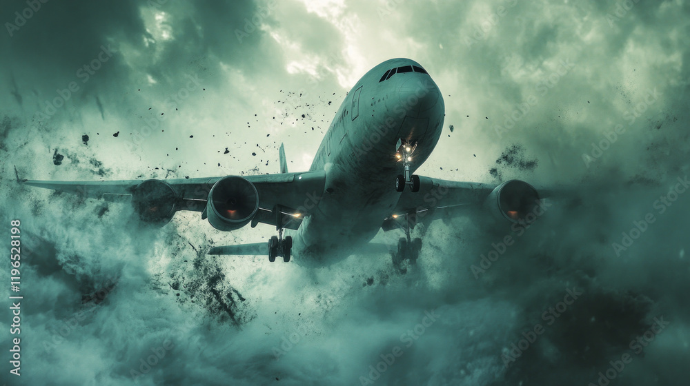 High-tech cover image of a plane in a storm, fine details and ray ...
