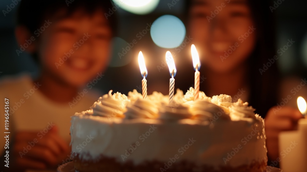 Two children smile while gathered around a birthday cake with three lit ...