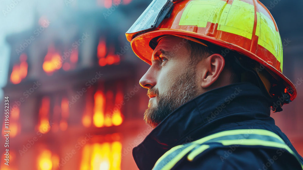 Firefighter observing burning building with determination and focus ...