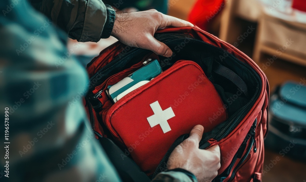 Close-up of a person packing a first aid kit into a travel bag for ...