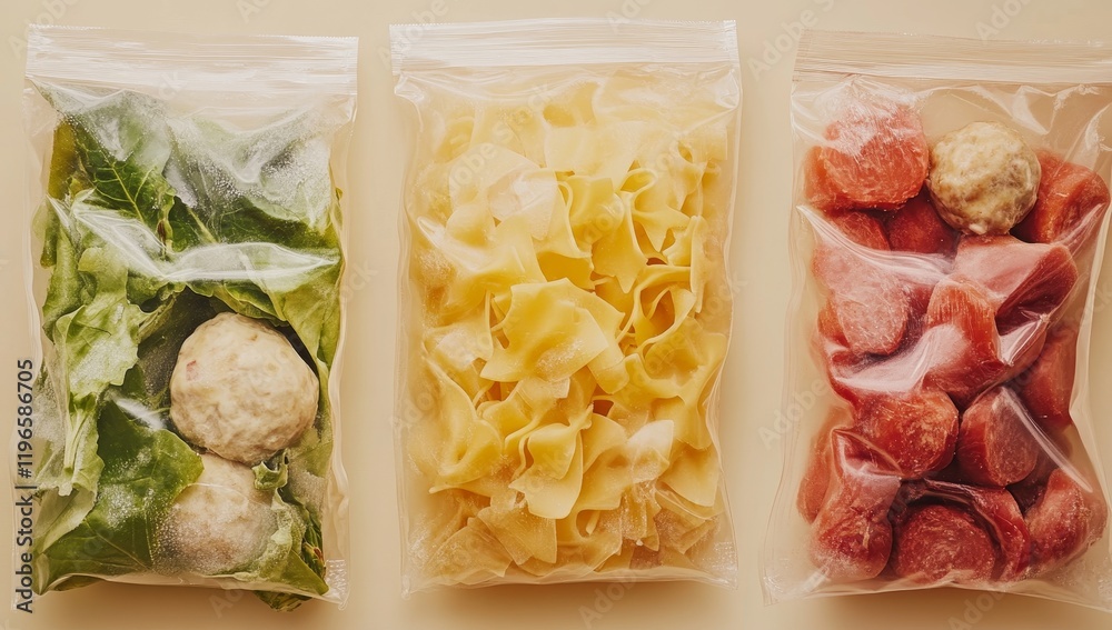 Three freezer bags filled with spinach, pasta, and meatballs, carrots ...