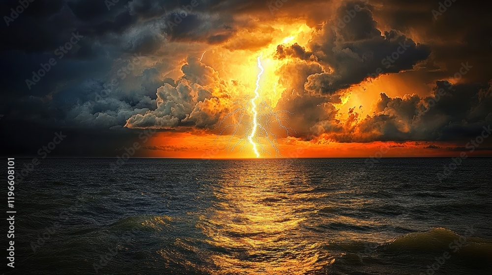 Stormy sunset lightning strikes over ocean waves dramatic seascape ...