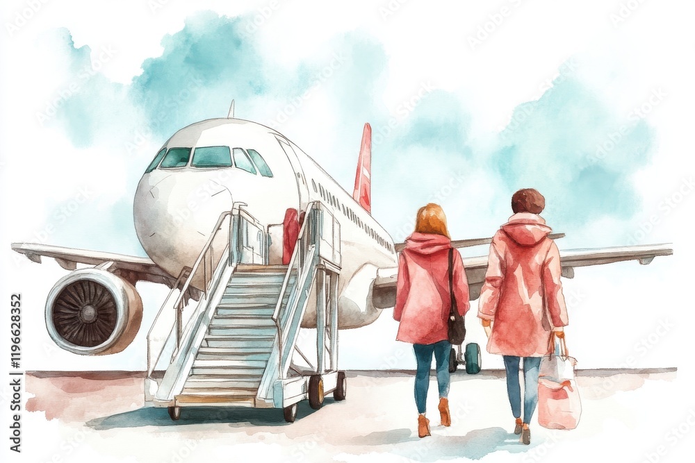 Two women walking towards an airplane, ready for an adventure. The ...