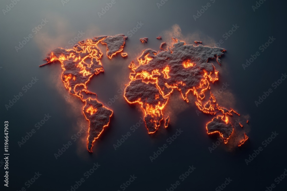 Volcanic eruption simulation global map digital artwork dark background ...