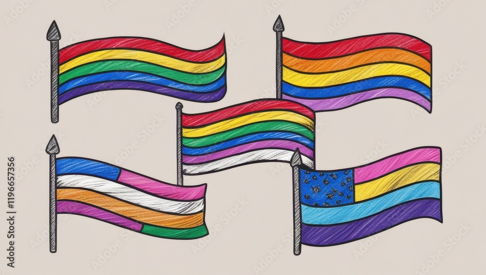 Colorful LGBTQIA Pride Flags Collection Hand Drawn Illustration of ...