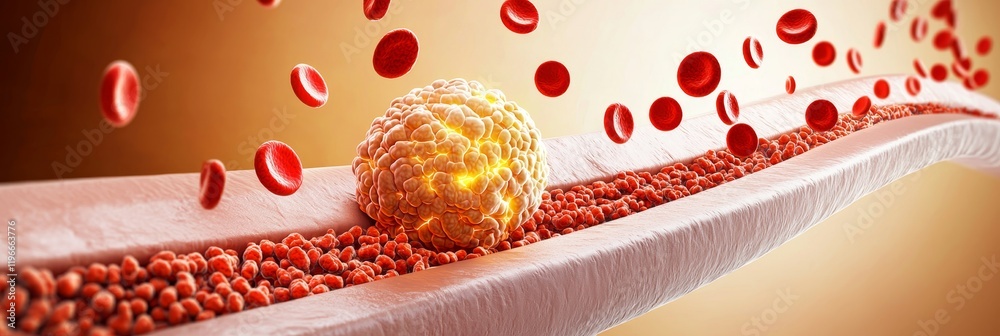 Clogged Blood Vessel concept. Illustration of blood cells and a white ...