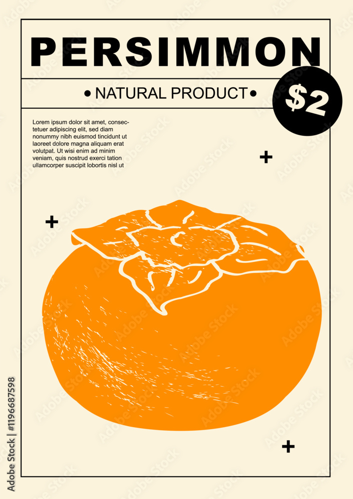 Persimmon. Set of posters of fruits and citrus in a abstract draw ...