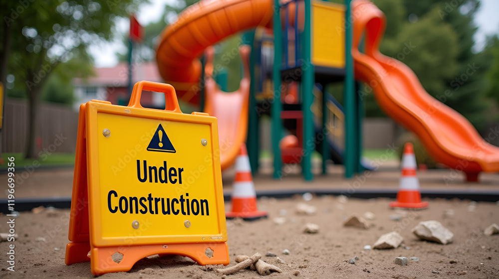 Playground renovation in progress featuring bright slides and warning ...