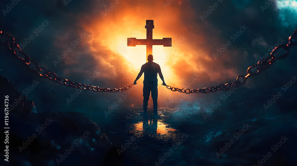 Salvation concept, man breaking from chains of sins, emerging into a ...