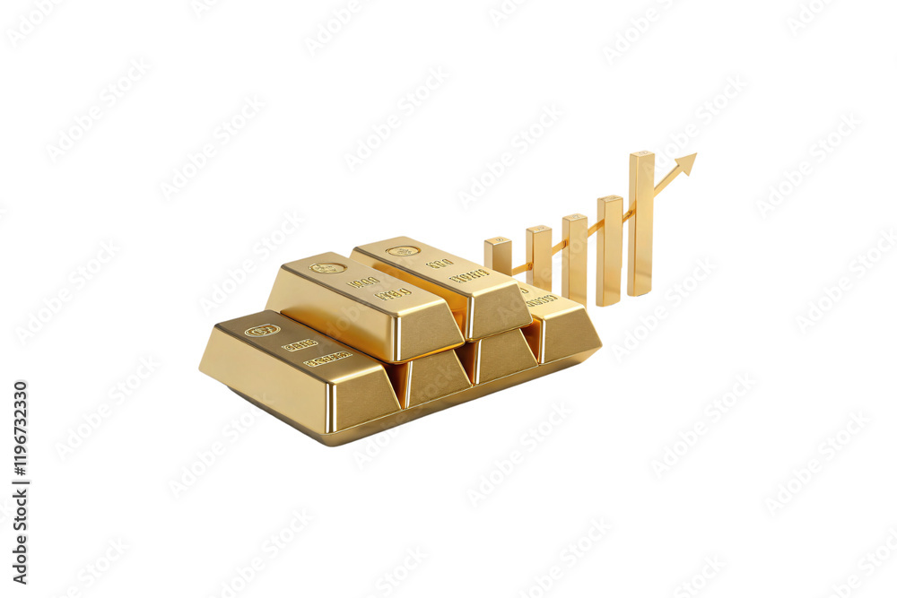 Three stacked gold bars labeled with weight and purity, accompanied by a golden upward-trending ...