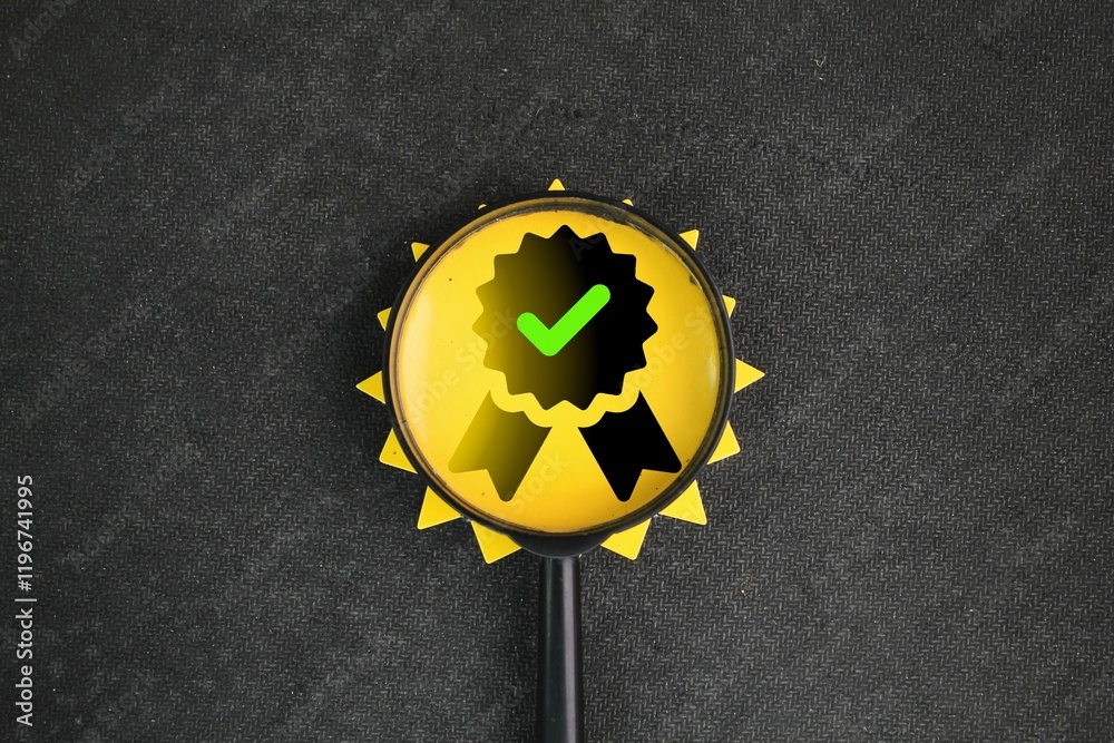 Quality Assurance Check magnifying glass with a certificate icon and ...