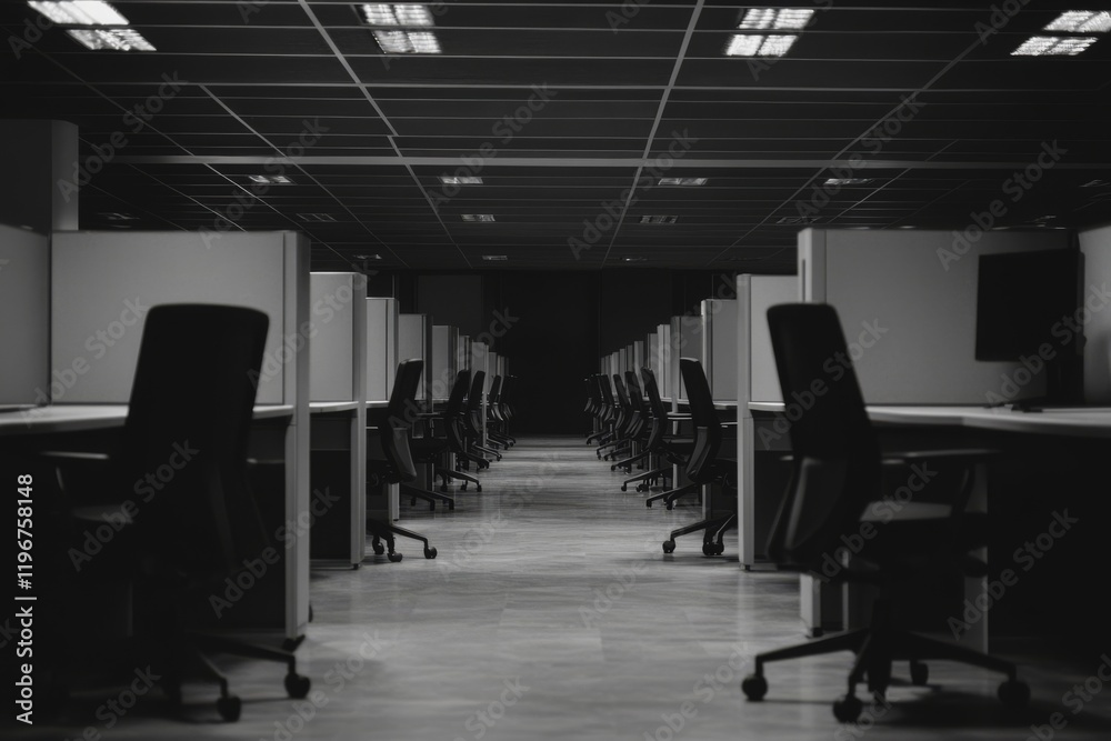 An empty modern office with rows of cubicles, captured in high ...