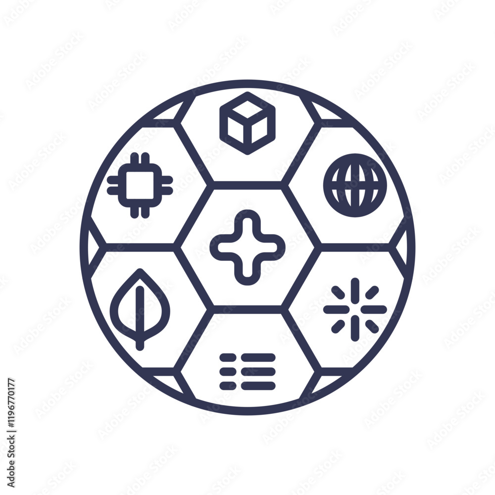 Hexagonal icons symbolize modularity, technology, and sustainability ...