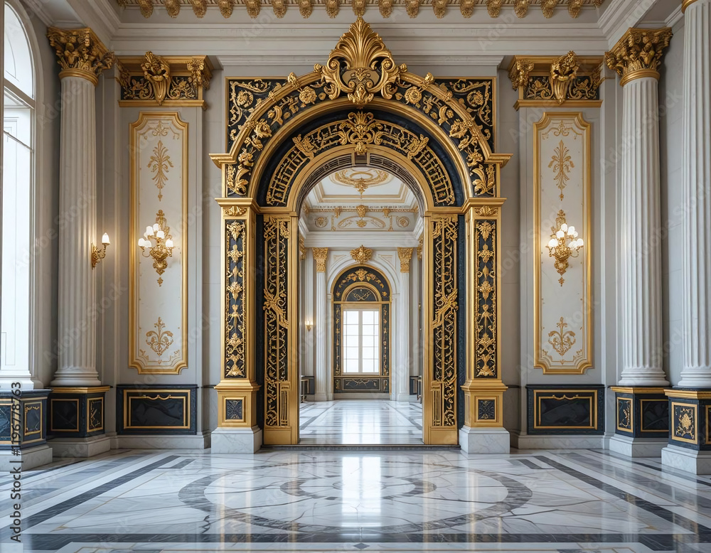 Gold and black baroque style portal of a palace, columns interior ...