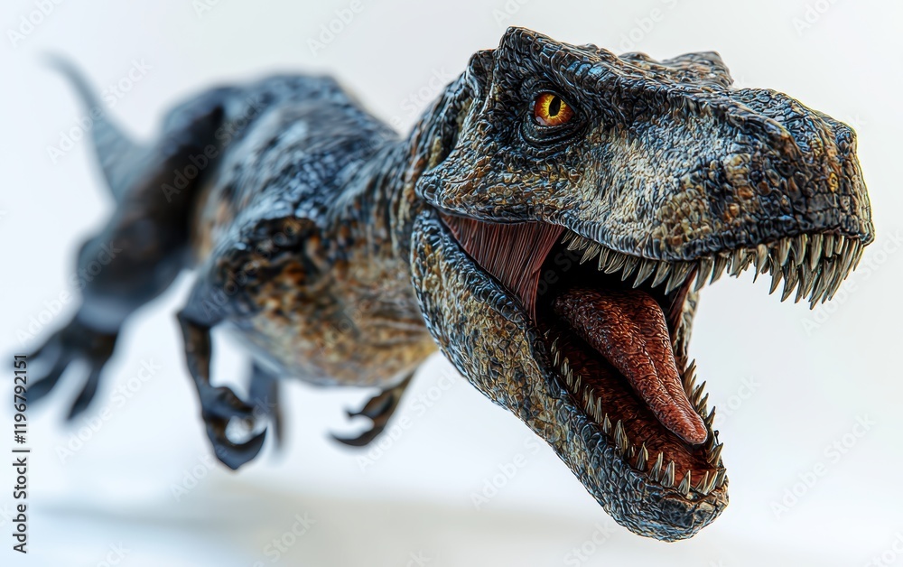 A realistic Tyrannosaurus rex roaring, captured mid-motion on a clean ...