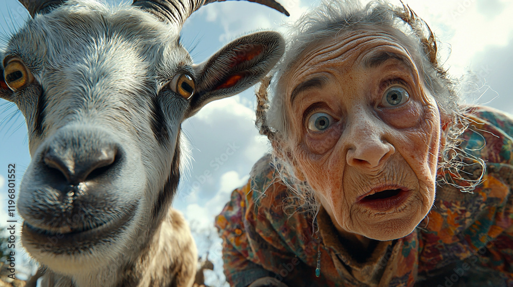 Elderly woman's surprised reaction captured from below as goat ...
