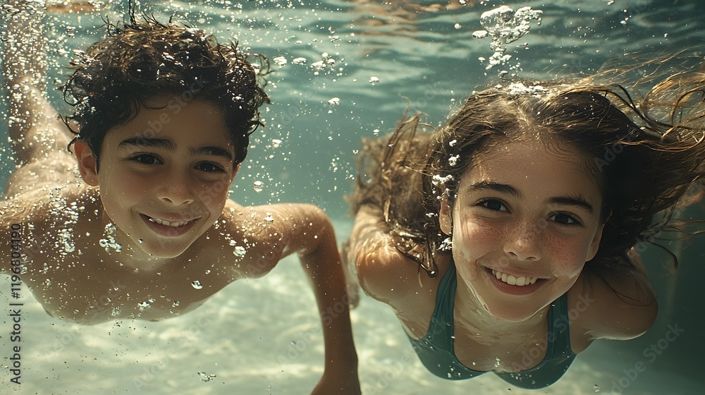 Two cheerful children diving underwater in a swimming pool surrounded ...