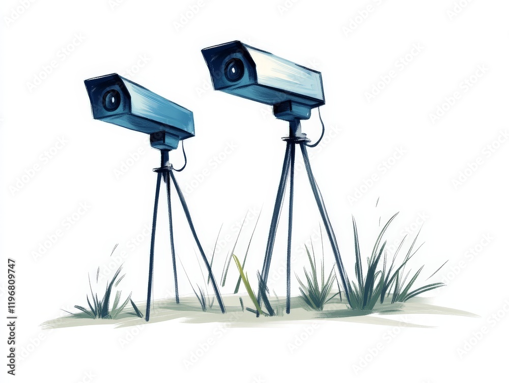 Tripod mounted long range surveillance cameras in a natural outdoor ...
