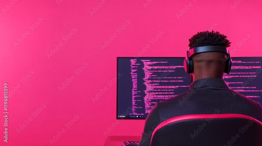 Tech-Infused Gaming Zone Dynamic Black Gamer Engaged in Triple RGB ...