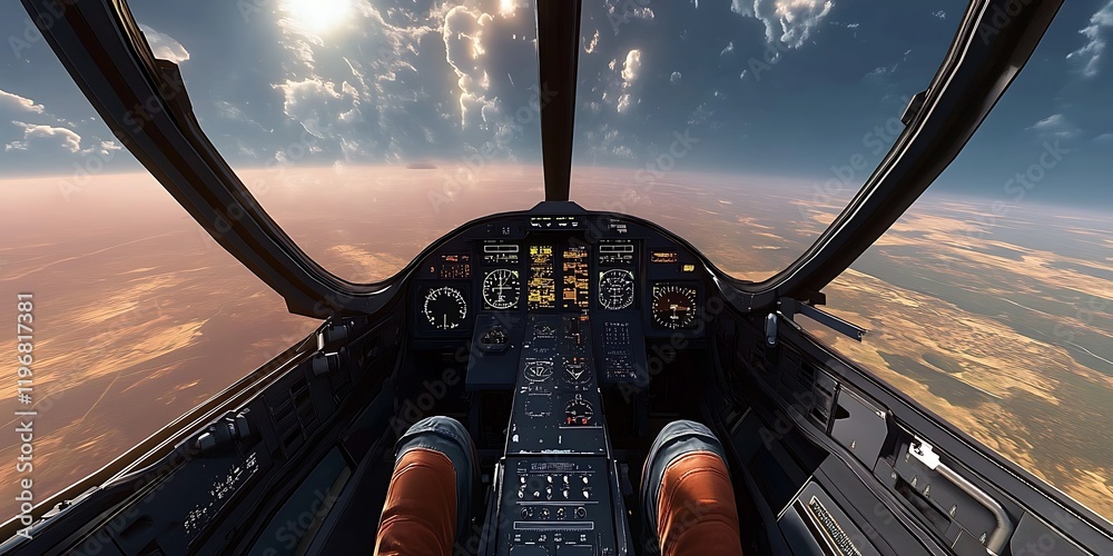 Pilot view, glider fighter jet pilot in cockpit, first person ...
