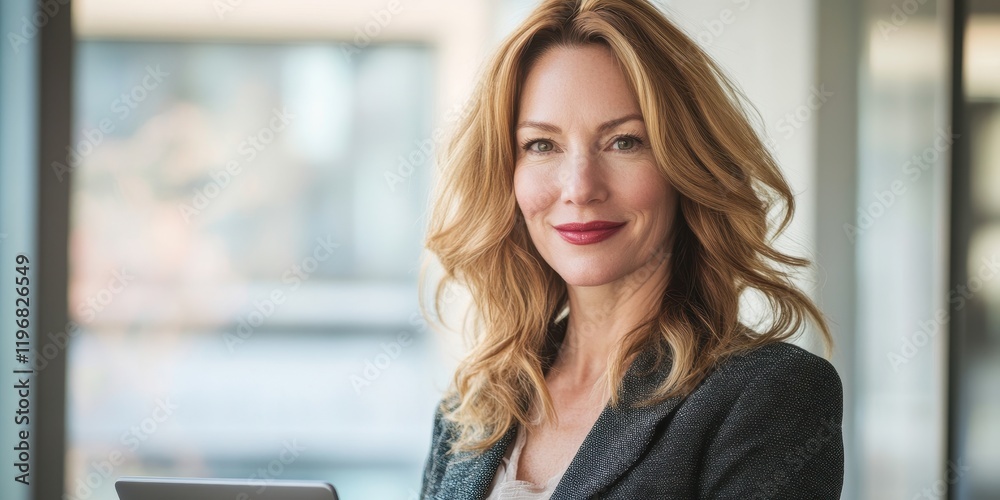 Dynamic businesswoman using touchpad in modern office professional ...