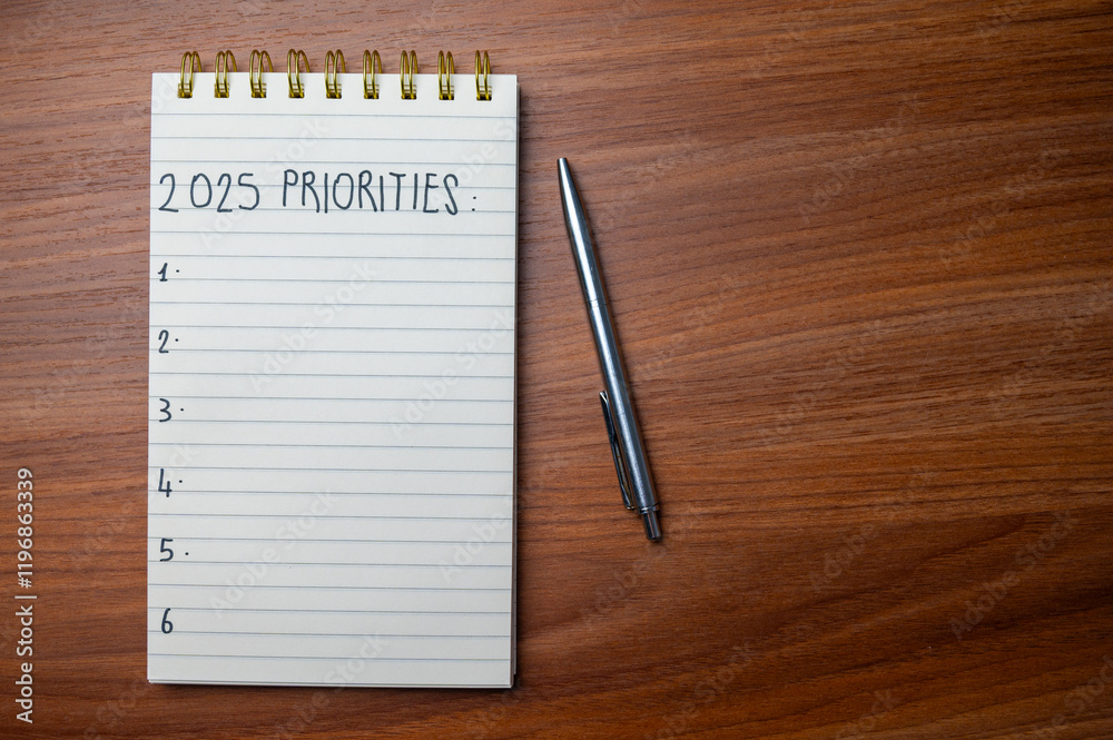 Notepad with text 2025 Priorities, on wooden surface. Priorities and ...