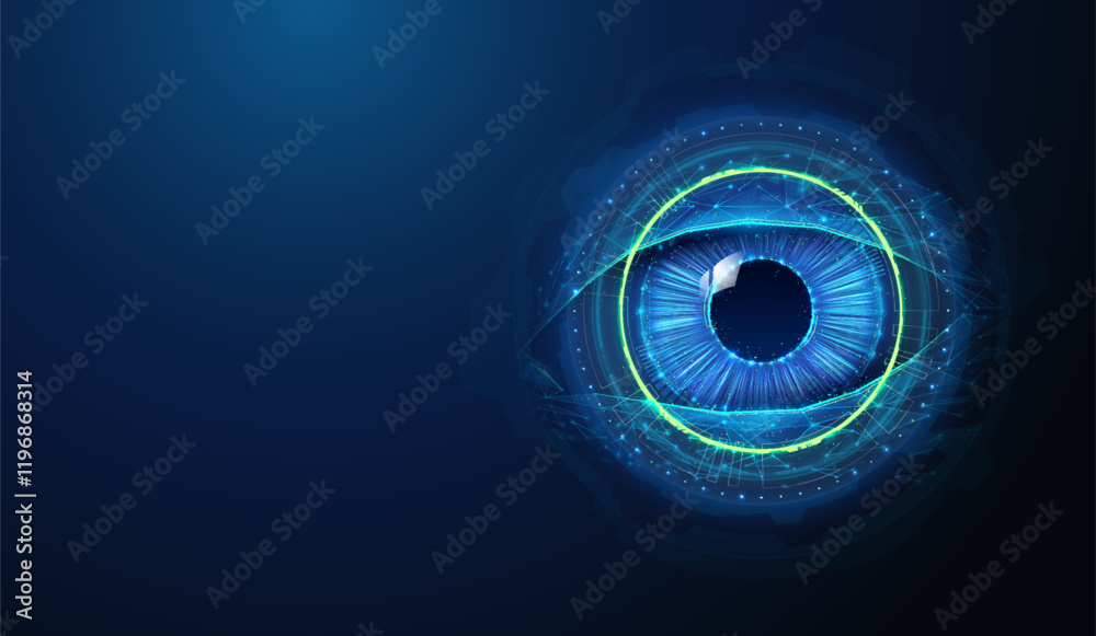 Abstract illustration of hud overlay over low poly human eye. Blue ...