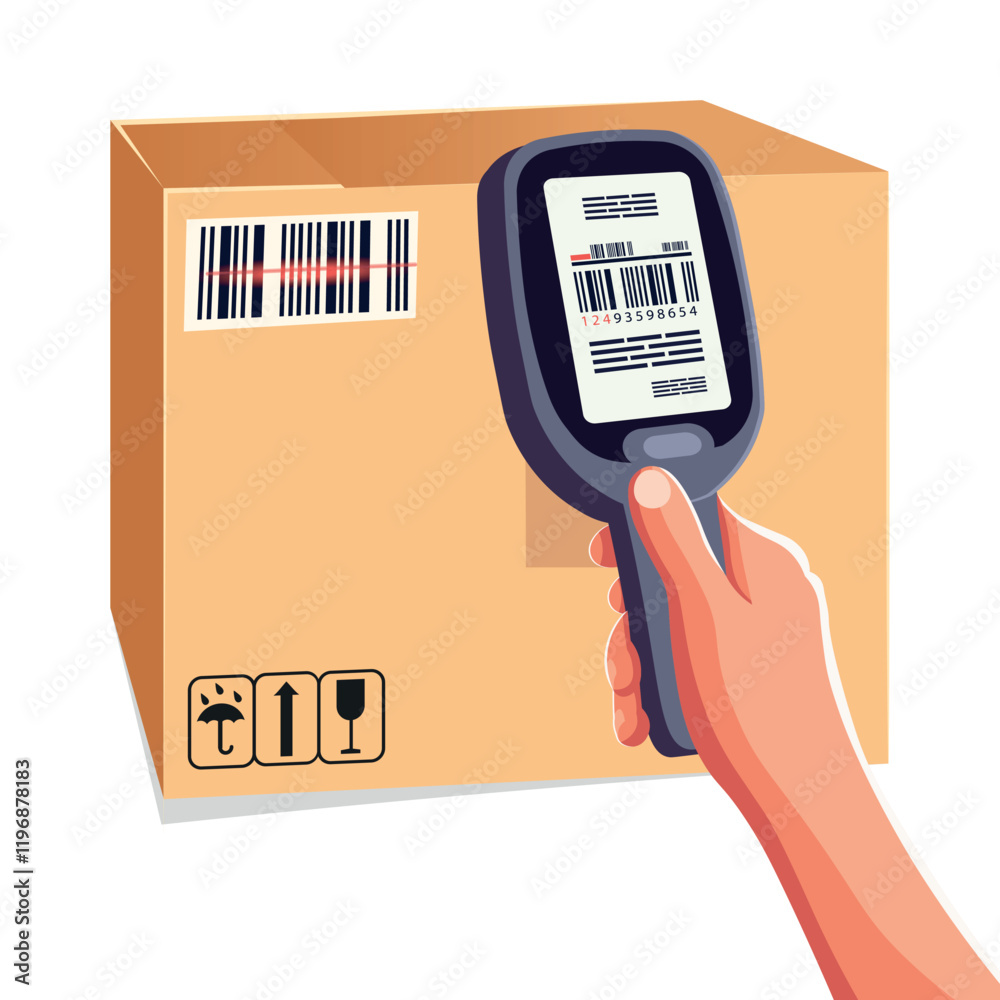 Data collection terminal in a warehouse. A man scans a barcode on a box ...