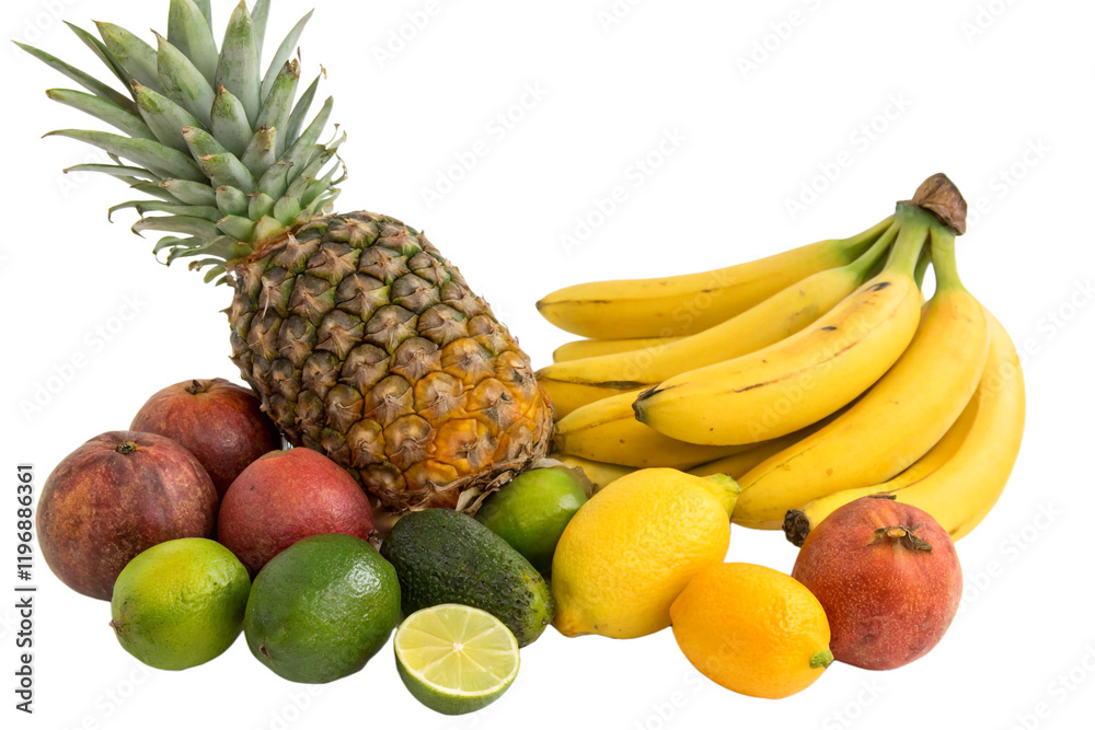 Tropical fruits assortment isolated bananas, mango, lime, lemon ...