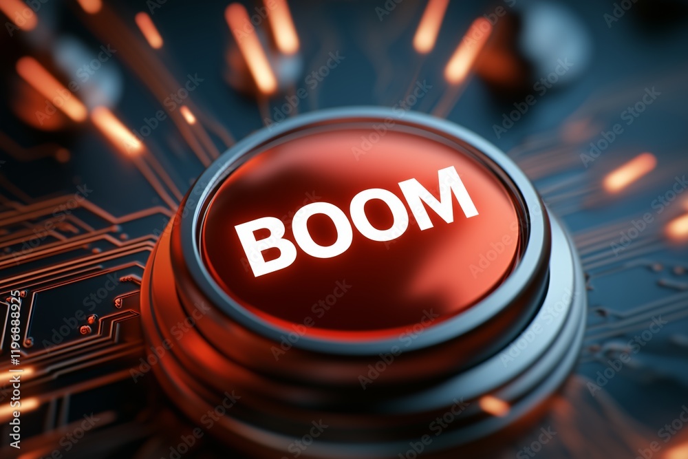 Red button labeled boom surrounded by circuit patterns and sparks in a ...