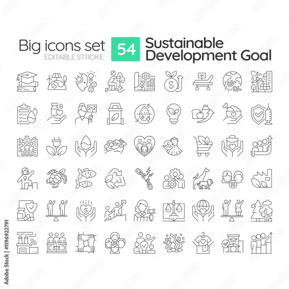 Sustainable development goal linear icons set. Green energy, production ...