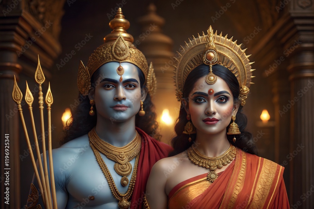 illustration of Lord Rama And Goddess Sita with bow arrow in Shree Ram ...