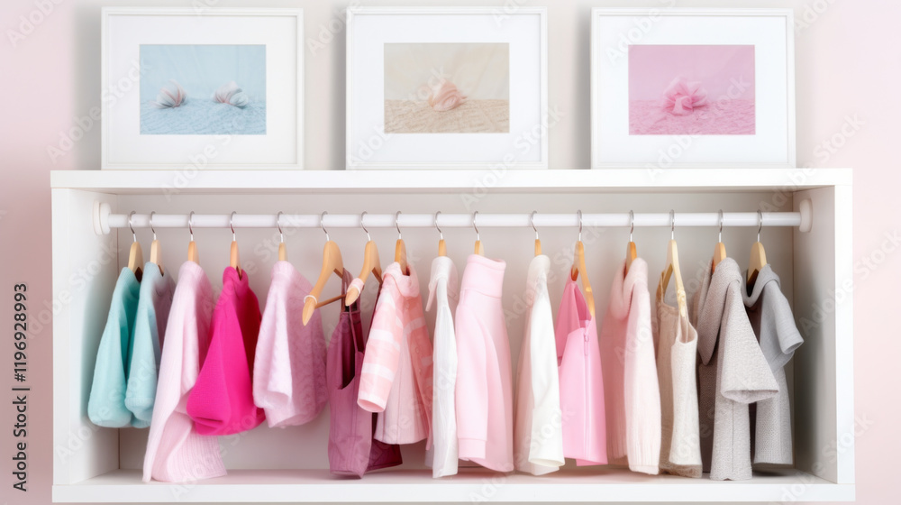 Children pastel dresses and shirts on hangers in open closet background ...
