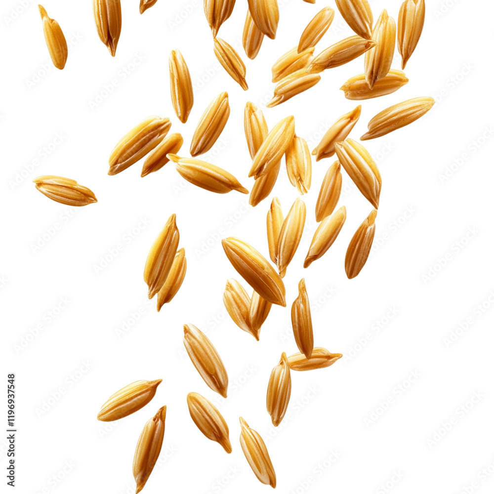 Loose gold rice grains falling, flying, and levitating in mid-air ...