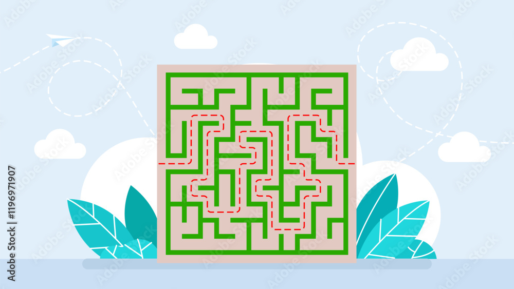 Line maze game. Medium complexity. Rectangle labyrinth with entry and exit. Labyrinth shape ...