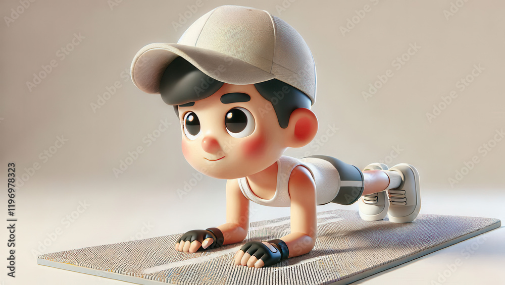 Child doing plank exercise on mat home gym 3d animation healthy ...