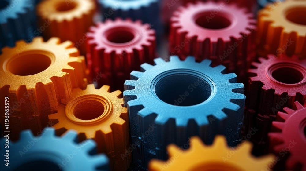 Colorful gears connect in teamwork synergy. Industrial cogwheels mesh ...