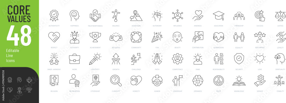 Core Values Line Editable Icons set. Vector illustration in modern thin ...