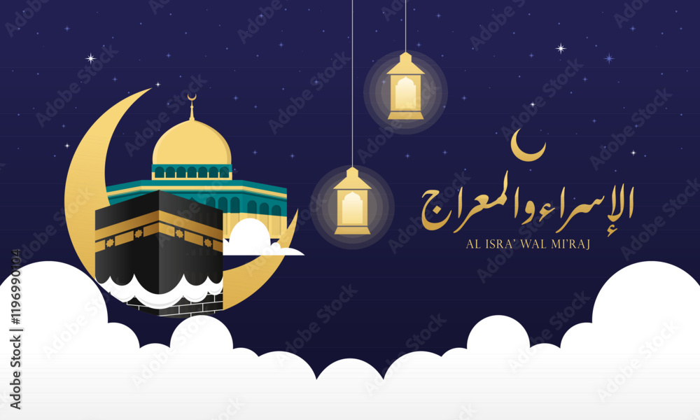 Flat Hand Drawn Isra Mi'raj Illustration. Islamic Celebration Day ...