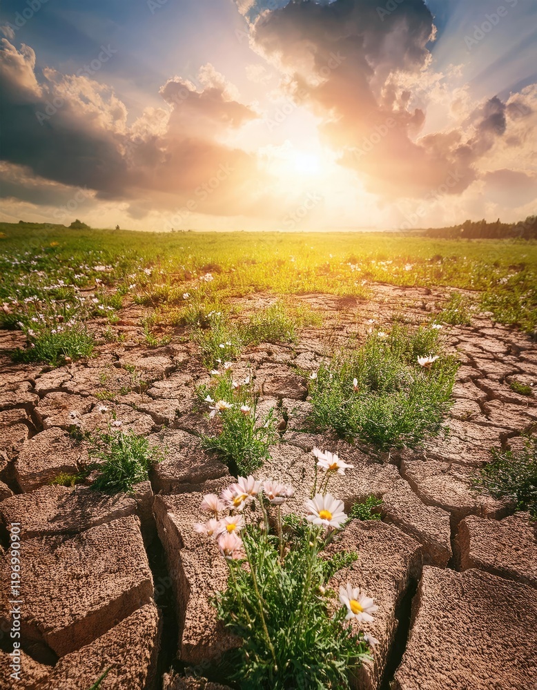 Climate change concept, from drought to green growth. Dry cracked soil ...