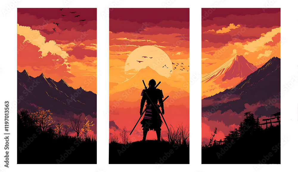 samurai warrior standing in front of mountains, with three panels on ...