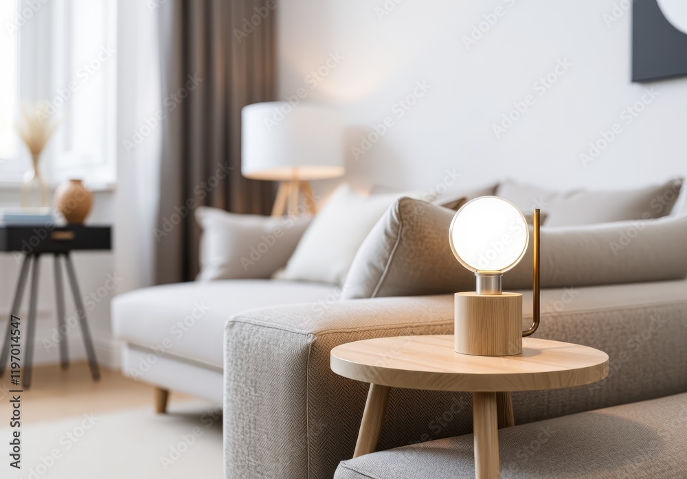 Close up of lamp on side table near sofa. Scandinavian home interior ...