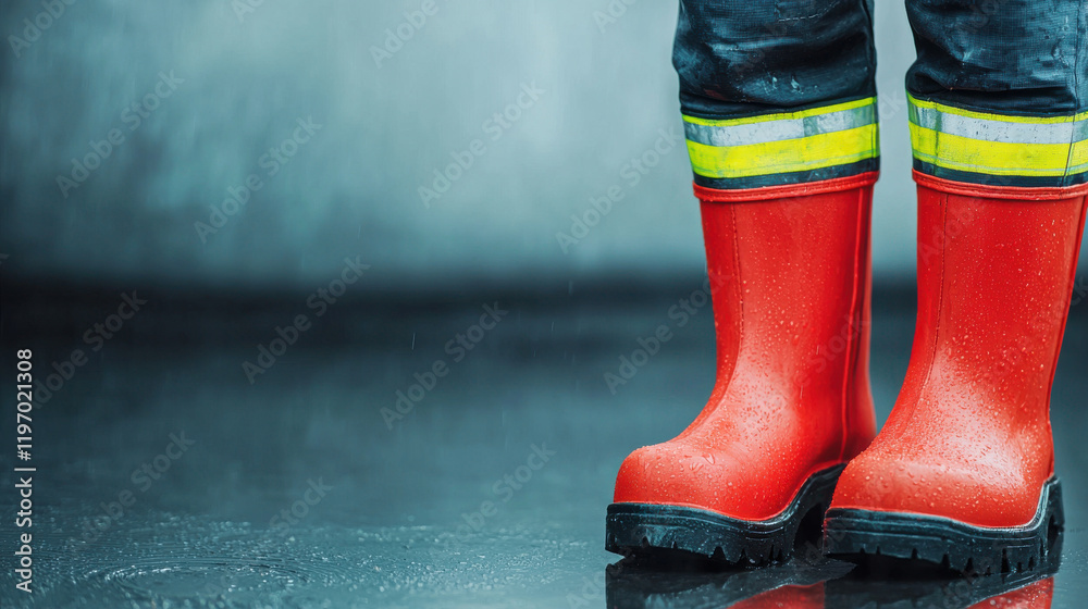 Red fire resistant boots with reflective stripes on wet concrete floor ...