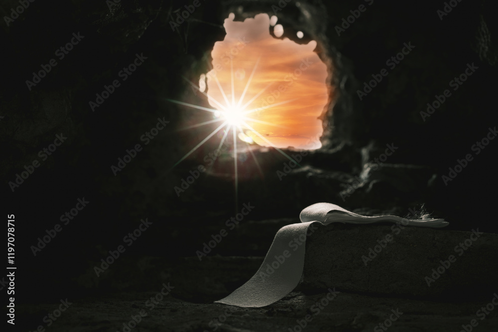 Easter resurrection concept. Jesus Christ resurrection. Empty tomb of Jesus with light. Born to ...