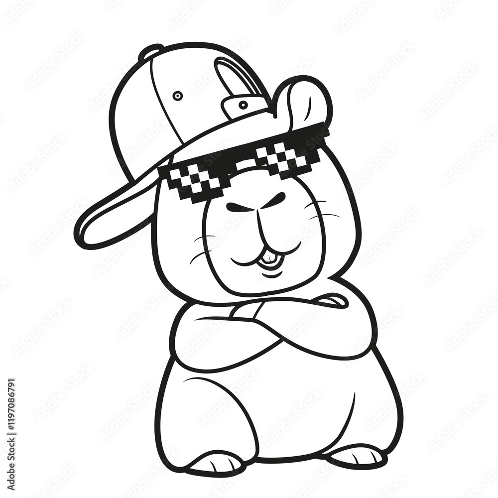 Cute cartoon capybara in a cap and sunglasses outlined for coloring ...