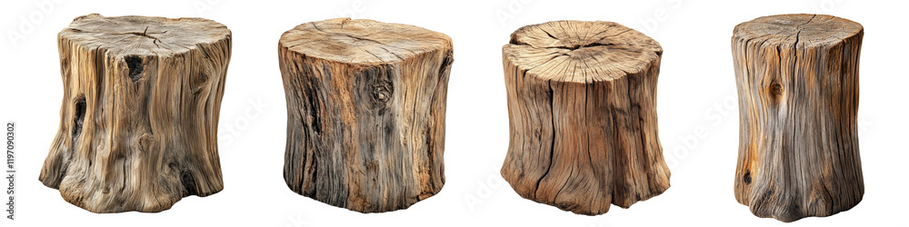 Wooden stumps with textured surfaces displayed from multiple angles ...