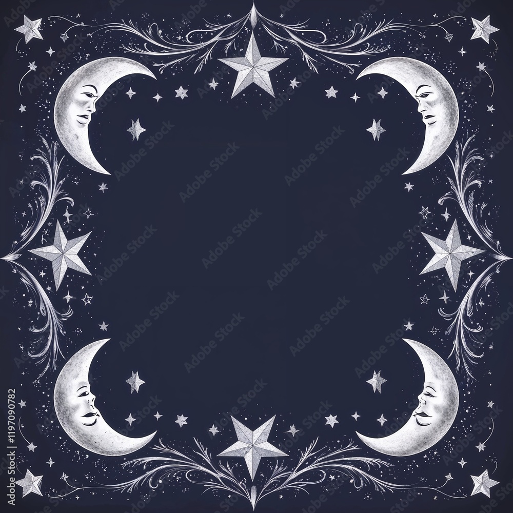 Whimsical silver moon and star motifs framing the edges for a magical ...