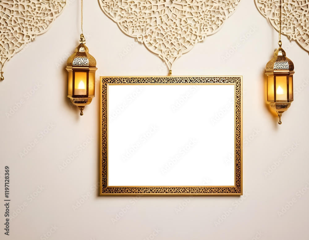 Picture frame on the wall, an Islamic frame white background with an ...
