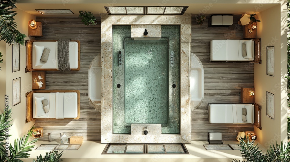 A modern spa layout with a central waiting area, and treatment rooms on ...